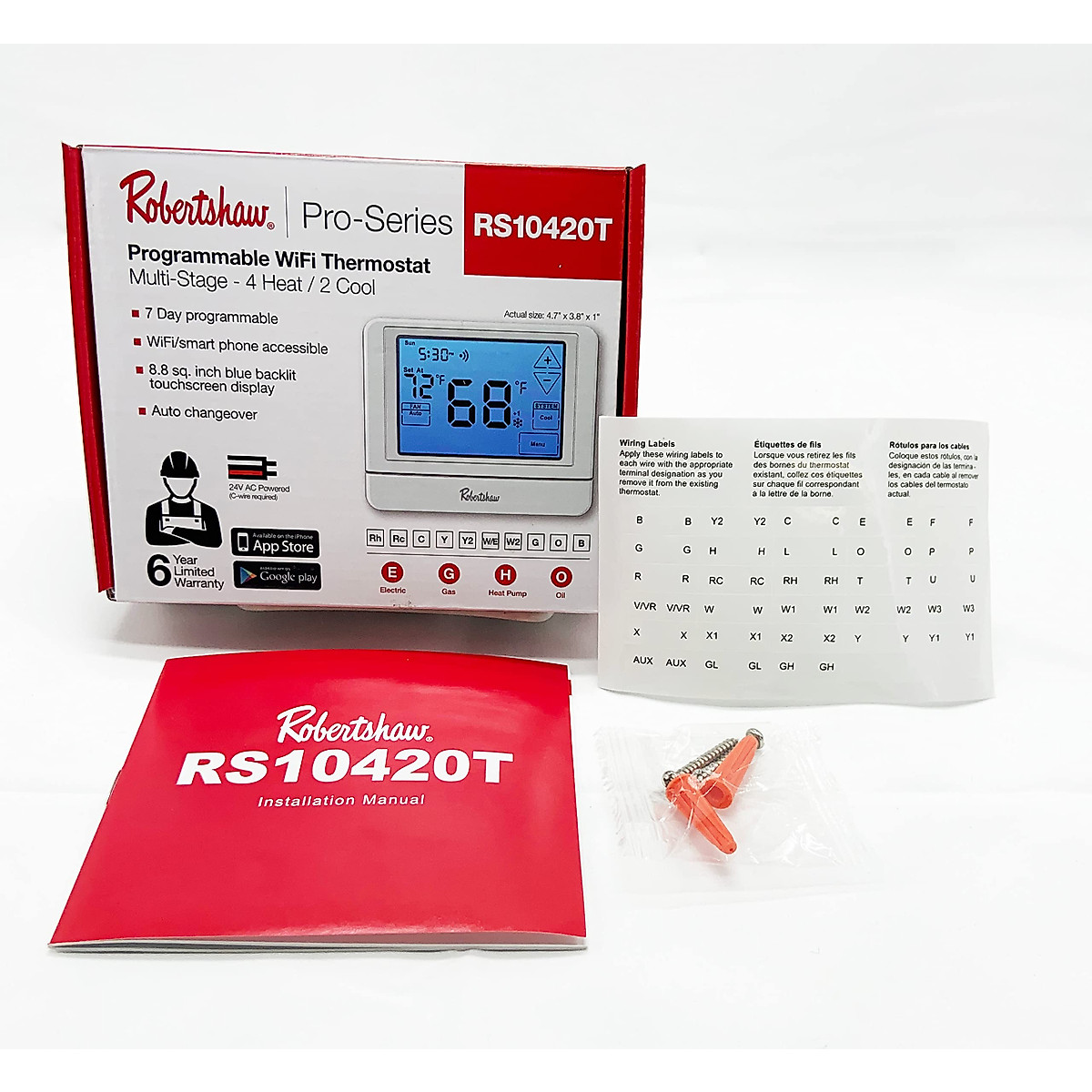Robertshaw RS10420T Pro Series 7-Day Wi-Fi Programmable Touchscreen Thermostat, Multi-Stage, 4 Heat / 2 Cool…