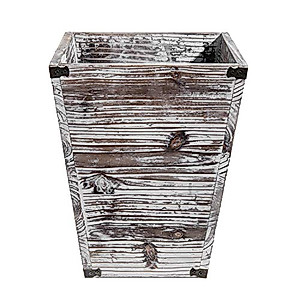 Liry Products Rustic Torched Wood Square Waste Basket Farmhouse Style Recycle Bin Trash Can Decorative Metal Brackets Whitewashed Wooden Garbage Container Ash Holder Bedroom Living Room Home Office