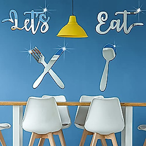 Let's Eat 3D Mirror Wall Stickers Acrylic Kitchen Wall Decals Decoration Removable Fork Spoon Knife Sign DIY for Restaurant Dining Room (Elegant Style)