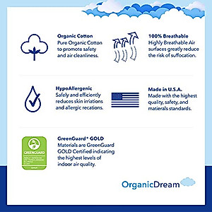 Organic Dream Crib and Toddler Mattress - 100% Breathable Proven to Reduce Suffocation Risk, 100% Washable Cover, Baby + Toddler Bed, GREENGUARD Certified, Hypoallergenic - Deluxe 5"- White