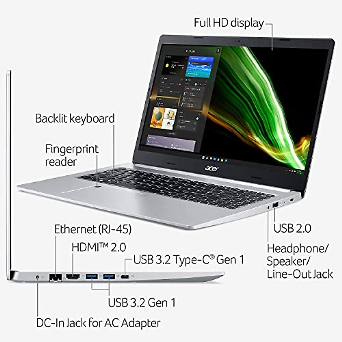 2022 Acer Aspire 5 Laptop | 15.6inch FHD IPS Display AMD 4-Core Ryzen 3 3350U Radeon Vega 6 Graphics 8GB RAM 256GB SSD WiFi AX RJ45 BT HDMI Backlit Fingerprint Windows 11 Pro, Silver, (A515-46-R3UB)