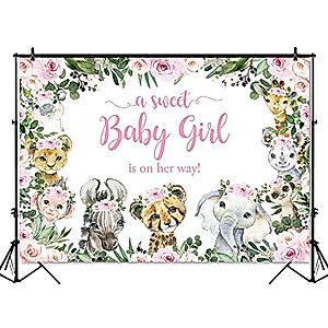 Mocsicka Girl Safari Baby Shower Backdrop Jungle Animals Sweet Baby Girl Background Pink Floral Greenery Baby Shower Party Cake Table Decoration Photo Booth Props (7x5ft)