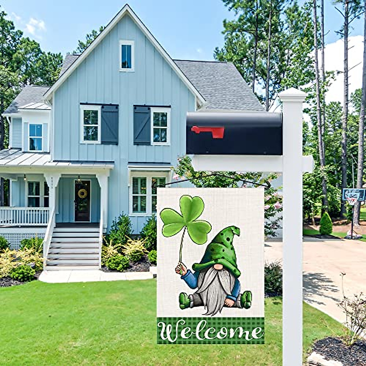 St Patricks Day Gnome Garden Flag Burlap 12x18 Inch Double Sided, Green Lucky Shamrock Welcome Small Sign Farmhouse Yard Outdoor Decoration DF190