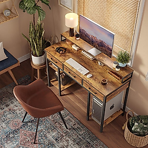 CubiCubi 47 Inch Computer Desk with 3 Drawers and Storage Shelves, Small Home Office Desk with Monitor Stand, Study Writing Table for Bedroom, Rustic Brown
