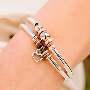 Lizzy James Colette Silver & Rose Gold Adjustable Bracelet with Silver Heart Charm in Natural Antique Brown Leather for Women