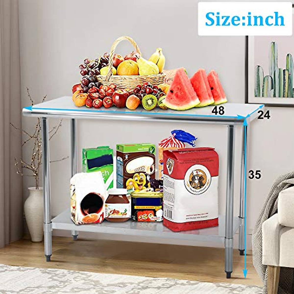 Work Table, 48 X 24 Inch Food Prep Table Stainless Steel Table with Adjustable Shelf and Plastic Feet, NSF Heavy Duty Commercial Worktables for Restaurant, Kitchen