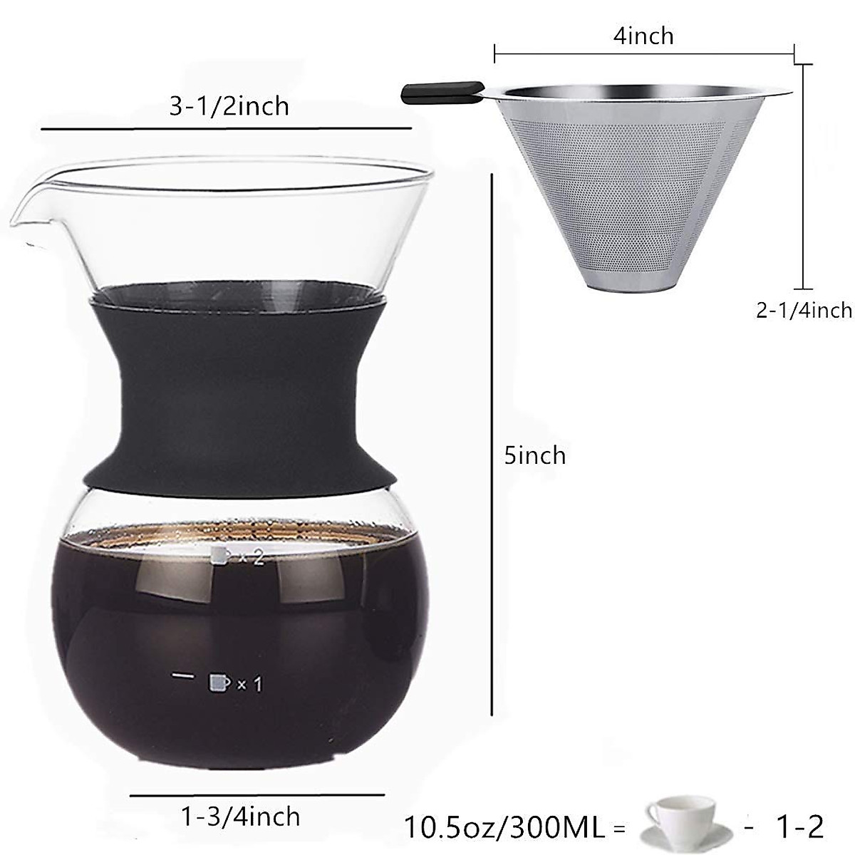 XIYUAN Pour Over Coffee Maker,With Paperless Reusable Stainless Steel Filter 600ML/20.2oz Carafe Borosilicate Glass Coffee Pot Hand Coffee Dripper Brewer Pot Set