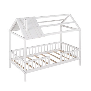 House Bed with Rails and Roof Kids Montessori Beds Wood Cabin Playhouse Bed Frame for Toddlers Girls Boys Teens, Twin Size, White