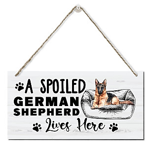 Funny A Spoiled German Shepherd Lives Here Sign, Printed Wood Plaque Sign, Hanging Wood Sign Home Decor, Family Signs for Home Decor Gift, Funny French Bulldog Gifts, Home Decor Wall Art Sign 12" x 6"
