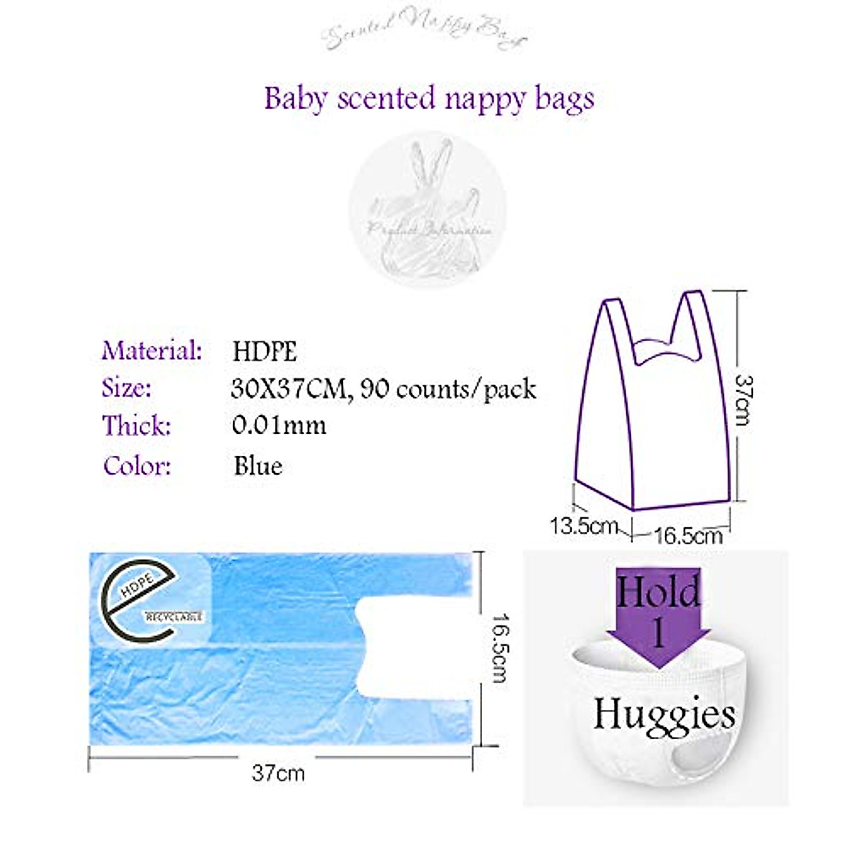 Dergik Disposable Diaper Bag for Baby, Diaper Sacks Cover the Incontinence Odor Really, Fresh Light Baby Powder Faint Scent, 540 Counts 180 Bags, Blue