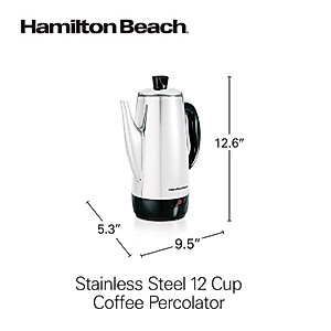 Hamilton Beach 12 Cup Electric Percolator Coffee Maker, Stainless Steel, Quick Brew, Vintage Spout