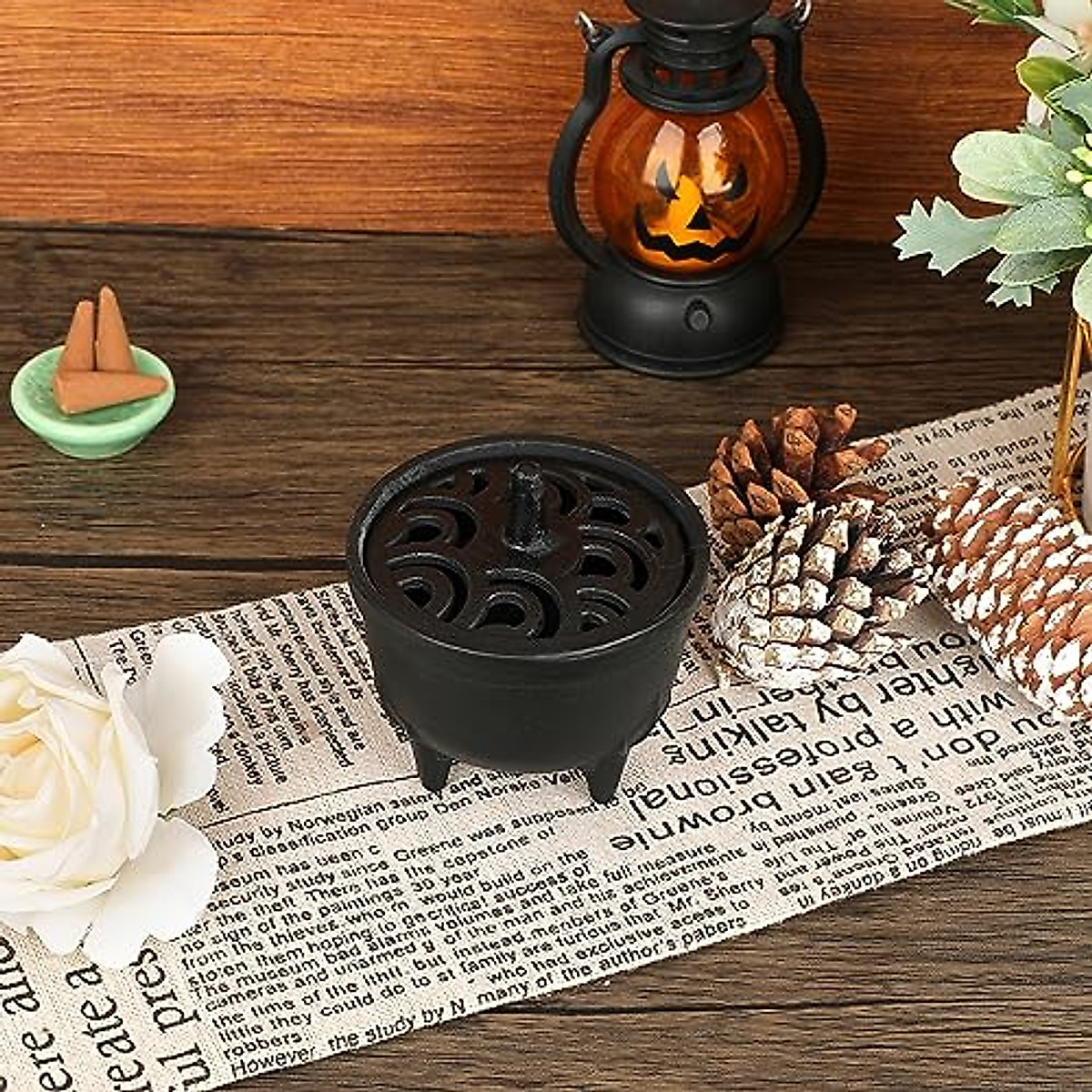 JUXYES Vintage Tripod Incense Burner Holder with Lid, Cast Iron Incense Holder Metal Cauldron Censer Antique Cone Coil Incense Burner Holder for Incense Resins, Cones or Wax Melts