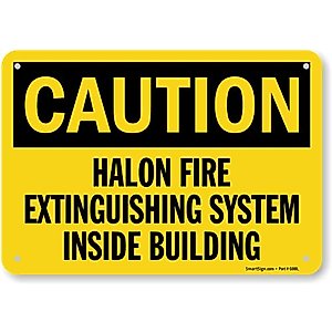 SmartSign 7 x 10 inch “Caution - Halon Fire Extinguishing System Inside Building” OSHA Sign, Digital Printing, 55 mil HDPE Plastic, Black and Yellow