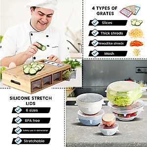 Bamboo Cutting Board With Containers - Meal prep station of 4 - Graters & 6 Bowl Lids, Trays, Splash - Multifunctional board by TOASTMARK