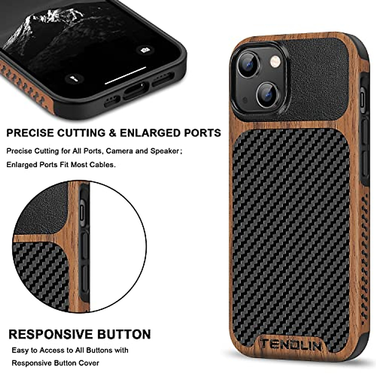 TENDLIN Compatible with iPhone 14 Plus Case Wood Grain with Carbon Fiber Texture Design Leather Hybrid Slim Case Black