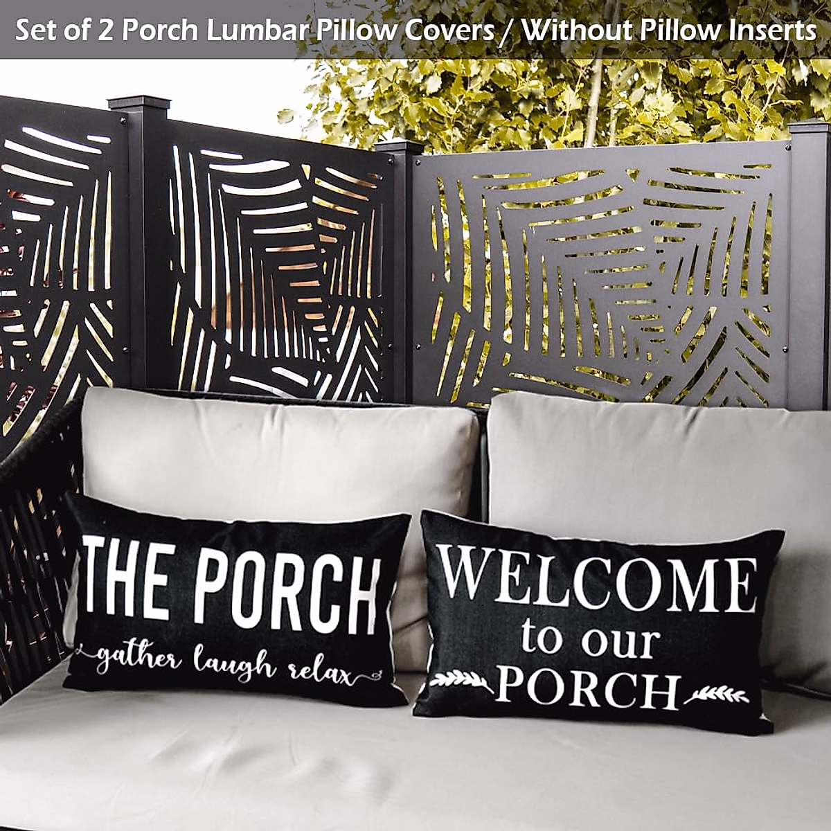 JOJOGOGO Welcome to Our Porch Pillows Black Farmhouse Outdoor Lumbar Pillow Covers 12x20 Waterproof Set of 2 Front & Back Porch Decor Rustic Throw Pillows for Garden Deck Patio Furniture (No Inserts)