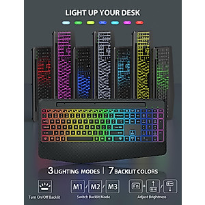 Wireless Keyboard and Mouse with 9 Colored Backlit, Wrist Rest, Jiggler Mouse, Rechargeable Silent Ergonomic Light Up Keyboard Mouse Combo with Phone Holder for Windows, Mac, PC, Laptop