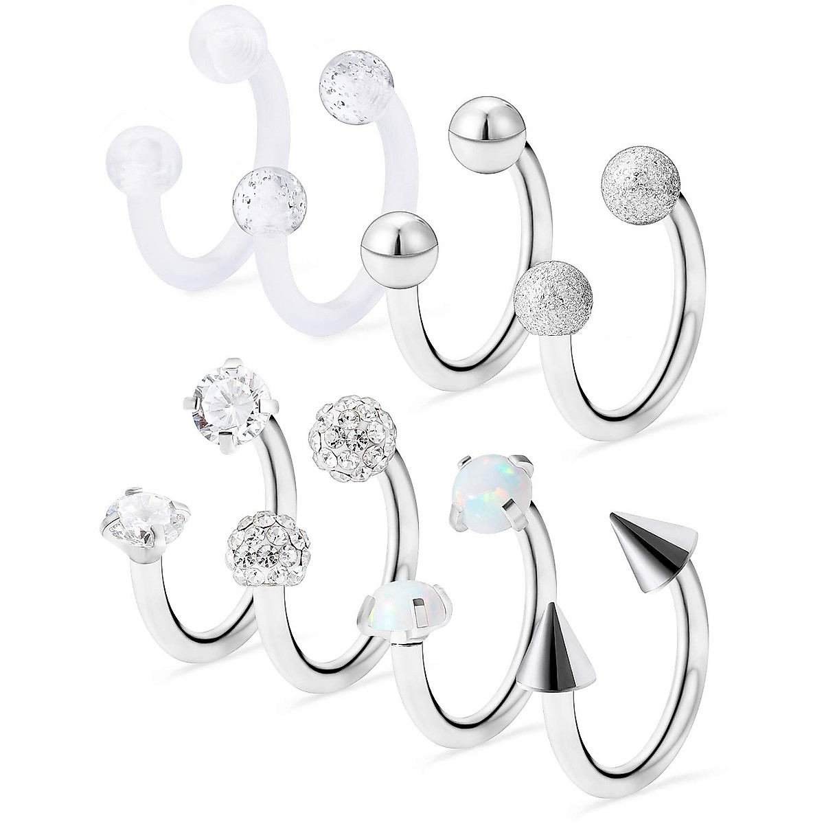 Dyknasz Horseshoe Circular Barbell Clear CZ Opal Stone Nose Septum Rings Hoop Retainer for Women Men Helix Cartilage Tragus Earring 316L Surgical Steel 16G 5/16"(8mm) Silver-Tone