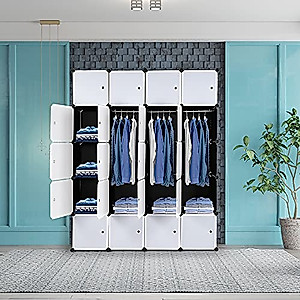 Portable Wardrobe Closet, Modular Plastic Clothes Storage Cabinet Chest w/ Doors, Organizer Cube DIY Bookshelf Combination Armoire for bedroom, living room, Black (20-Cube & 5 Hanging Section)