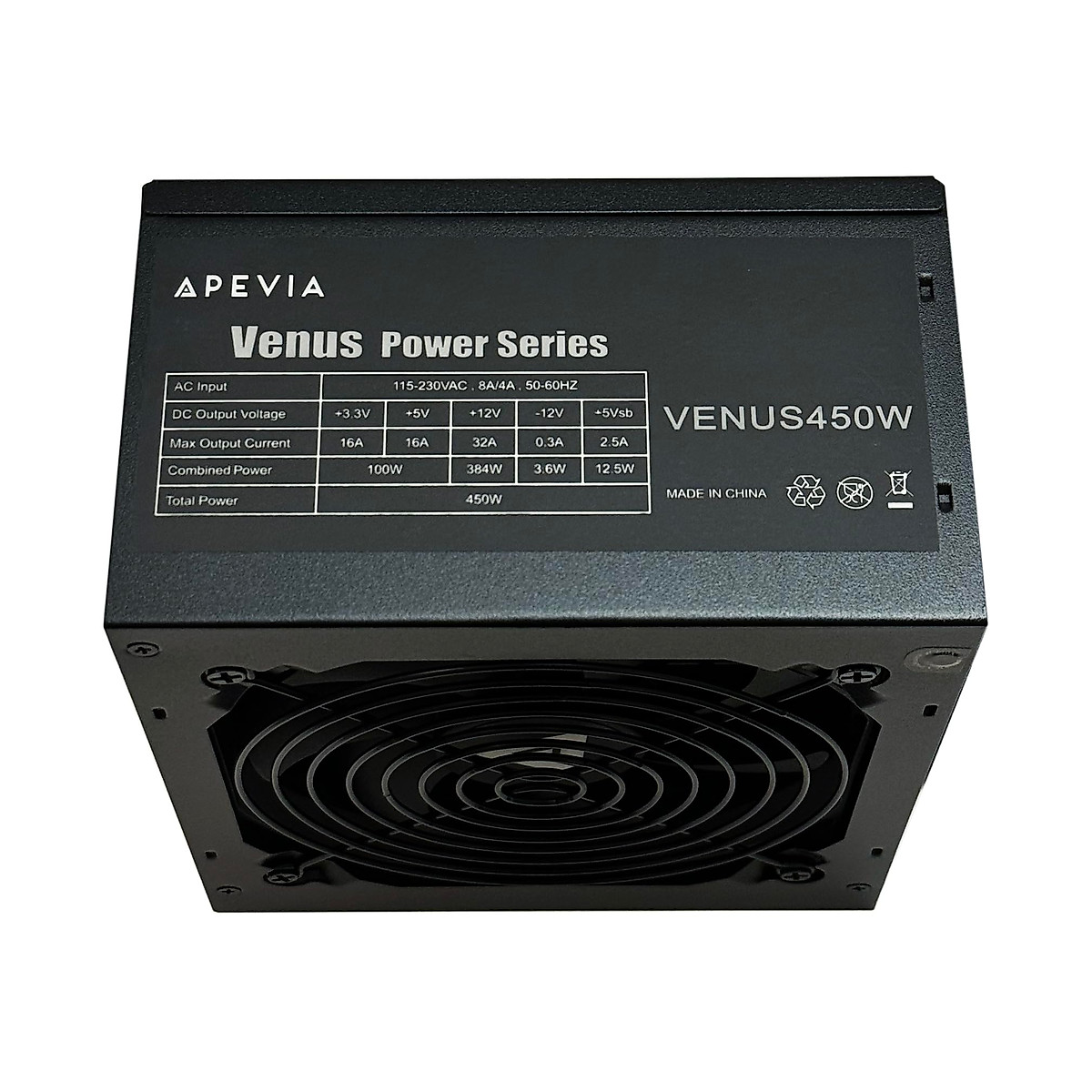 APEVIA VENUS450W 450W ATX Power Supply with Auto-Thermally Controlled 120mm Fan, 115/230V Switch, All Protections