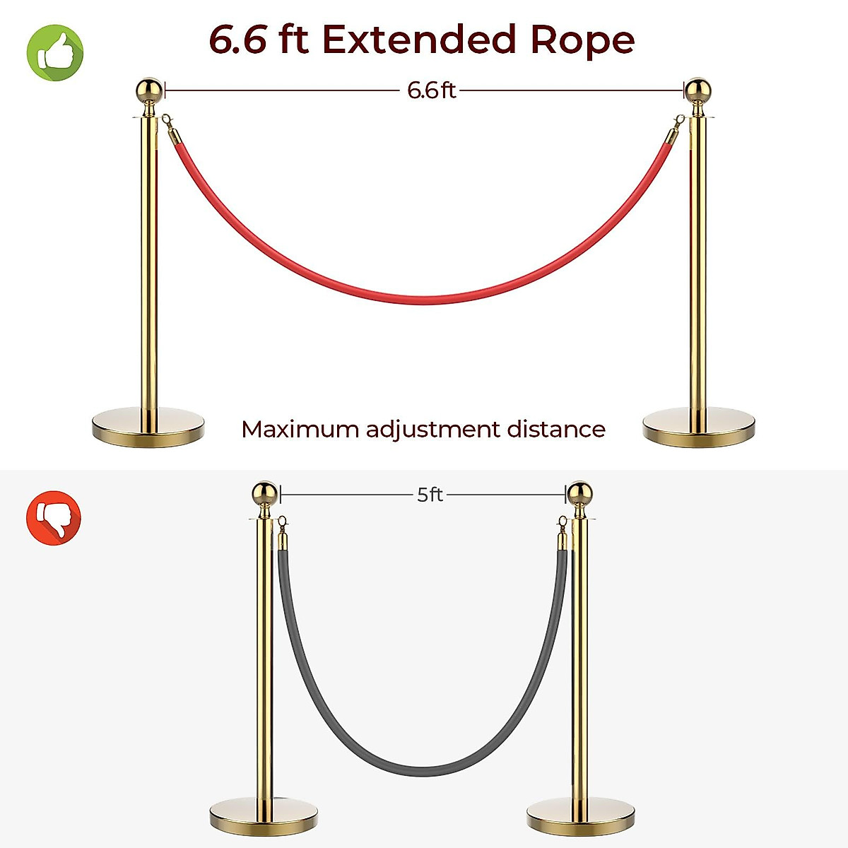 Yaheetech 2pcs Stainless Steel Stanchion Posts - 6.6FT Extended Red Velvet Rope Retractable Barriers Ropes Safety Barriers Set with Stable Base for Party Supplies Theater Hotels Clubs Museums, Gold