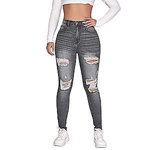 SweatyRocks Women's Casual High Rise Ripped Jeans Zipper Fly Skinny Denim Pants Grey M