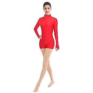 IMEKIS Women Turtleneck Leotard Ballet Dance Gymnastic Bodysuit Boyshorts Adult Spandex One Piece Long Sleeve Dancewear Biketard Unitard Shorts Training Sports Athletic Costume Activewear Red Medium