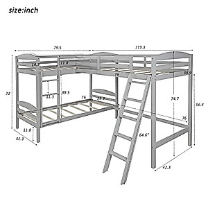 UBGO L Shape Three Bed Loft Bed, Bunk Bed Three Beds, Space Saving Design with Step Ladder and Safety Railing, Kid Teen Bedroom Dormitory Storage Corner Bunk Bed - Gray