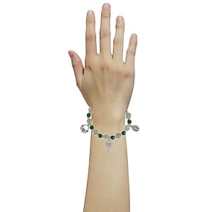 Irish Charm Rosary Bracelet with Green Glass Beads, Crucifix, Claddagh Ring, Four Leaf Clover, St Patrick, and Miraculous Medal Charms, 7.5 Inches