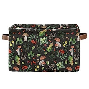 Kigai Collapsible Storage Basket with Handles, Mushroom Leaves Canvas Fabric Storage Bins Toys Clothes Organizer for Bedroom, Nursery, Shelves, Closets (1PACK)