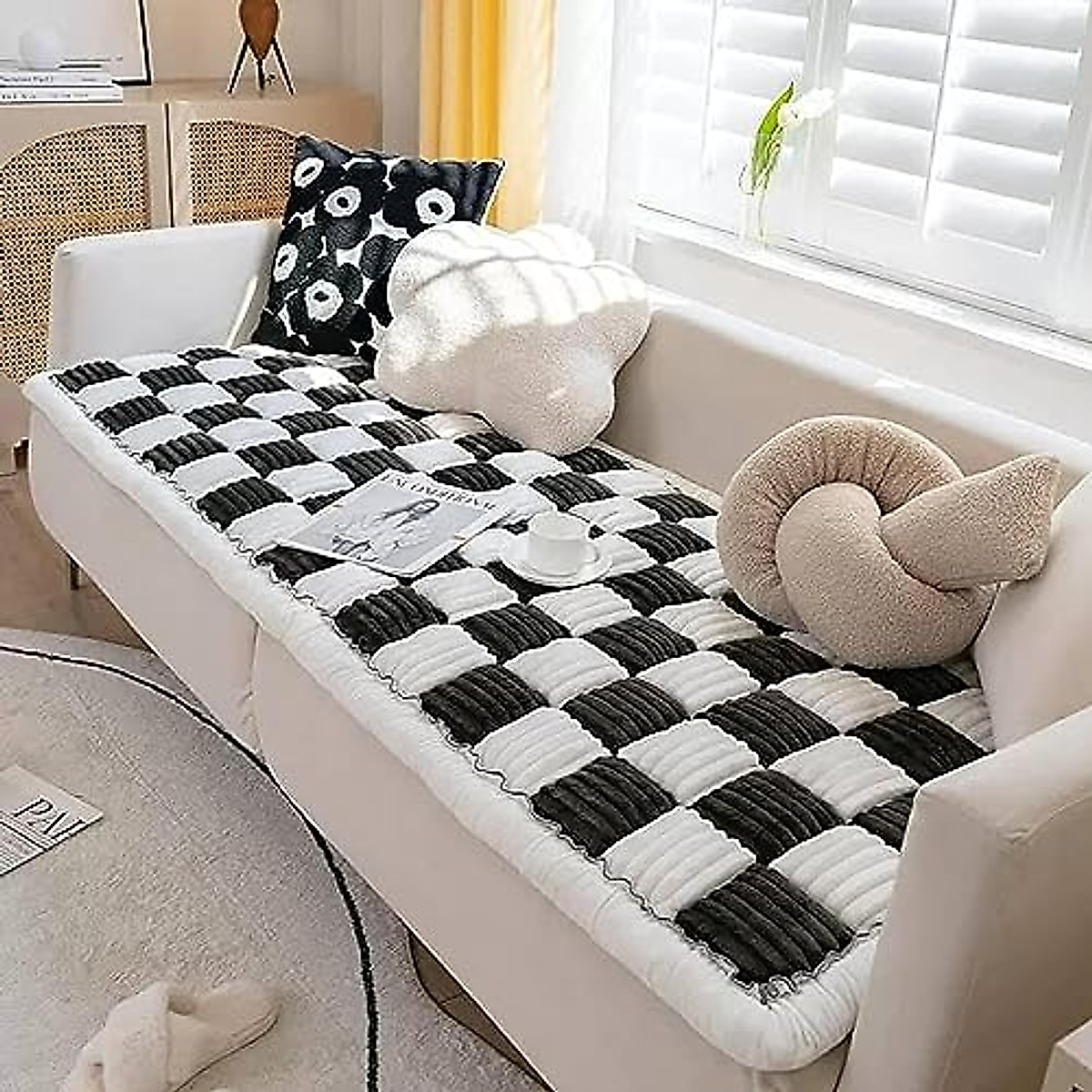 Funny Fuzzy Couch Cover, Funnyfuzzy Cream-Coloured Large Plaid Square Pet Mat Bed Couch Cover, Dog Blankets for Large Dogs, Garden Chic Cotton Protective Couch Cover for Floor Dogs Cats(Size:50*50cm（1