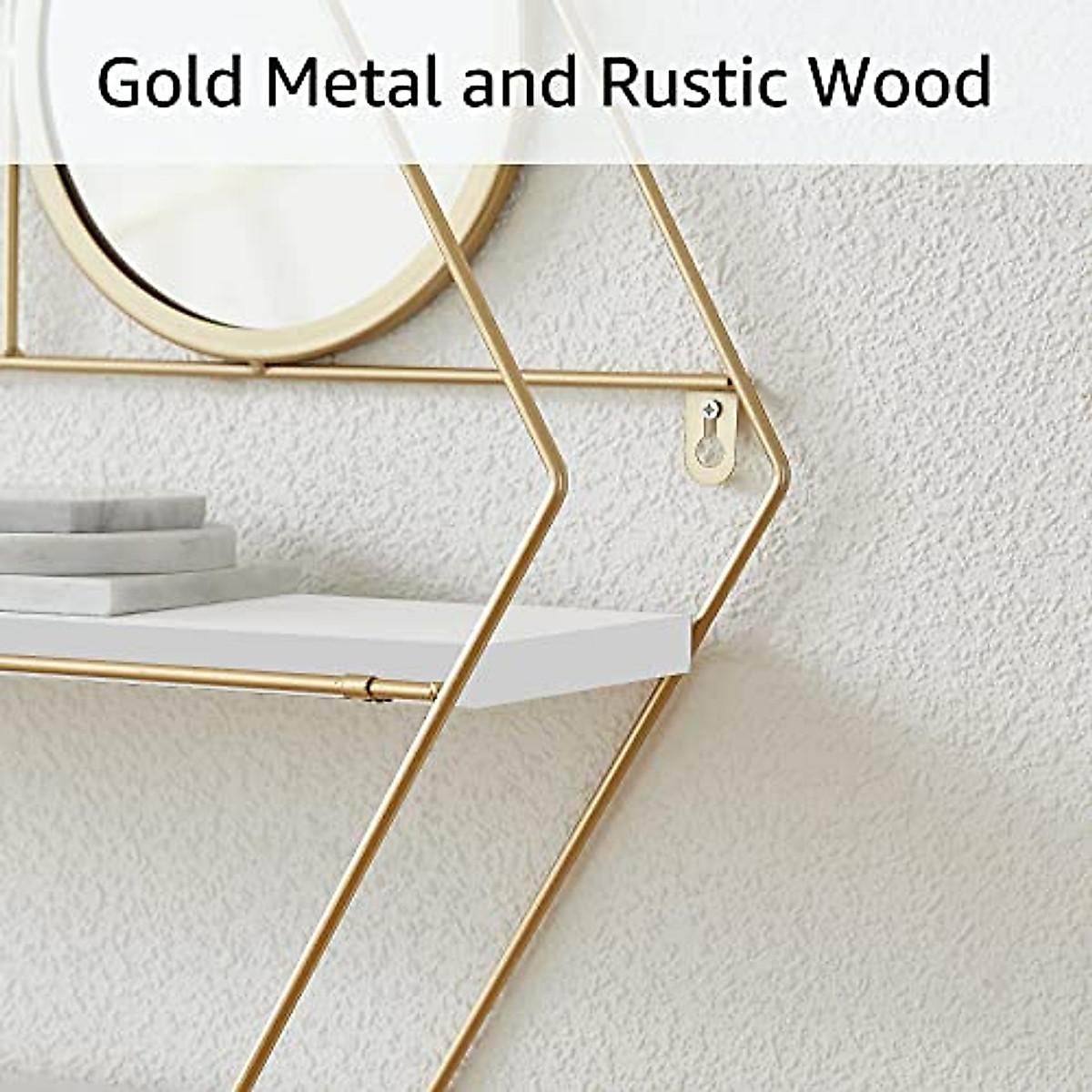 TFER Floating Shelves Wall Mounted Hexagon Wall Shelf Hanging Shelves for Wall Storage Rustic Wood Wall Shelves for Bedroom, Living Room, Bathroom, Kitchen, Office, with Mirror and Hooks (Gold)