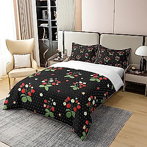 Castle Fairy 100% Cotton Red Strawberry Duvet Cover Queen Sweet Fruits Bedding Set for Boys Girls Bedroom Rustic Flowers Plant Comforter Cover White Dots Simple Style Soft Breathable Quilt Cover
