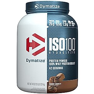 Dymatize ISO100 Hydrolyzed Protein Powder, 100% Whey Isolate Protein, 25g of Protein, 5.5g BCAAs, Gluten Free, Fast Absorbing, Easy Digesting, Gourmet Chocolate, 3 Pound