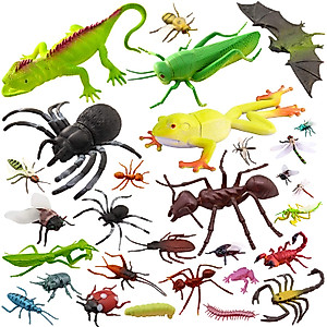 PINOWU 27pcs Bug Toy Figures Playset for Kids Boys, 2-6” Fake Bug Insects - Fake Spiders, Cockroaches, Scorpions, Crickets, Lady Bugs, Butterflies and Worms for Education and Christmas Party Favors