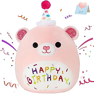 BSTAOFY Pink Happy Birthday Teddy Bear Soft Plush Pillow Birthday Stuffed Animals Squishy Pillows Gifts for Toddler Kids Girls Birthday Party Decrations, 12''