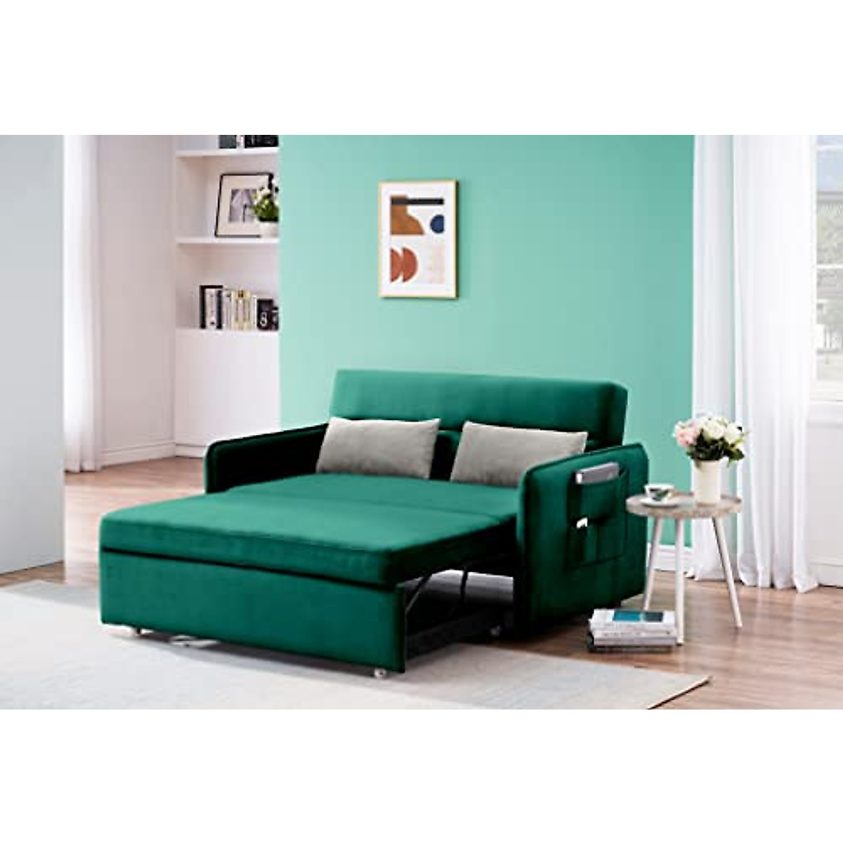 DHPM Pull Out Couch w/Headboard, 54" Modern Velvet Convertible Sleeper Love seat Sofa Bed with 2 Pillows & Detachable Side Pockets for Small Space, Living Room, Apartment, Green