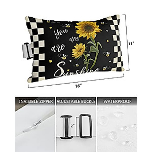 Recliner Head Pillow Ledge Loungers Chair Pillows with Insert Farmhouse Sunflower Black and Beige Buffalo Plaid Lumbar Pillow with Adjustable Strap Patio Garden Cushion for Sofa Bench Couch, 2 PCS