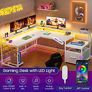SEDETA White L Shaped Gaming Desk, 66" Home Office Desk with File Drawer, Power Outlet and Led Lights, Corner Computer Desk with Monitor Shelf, Printer Storage Shelves, for Two Person