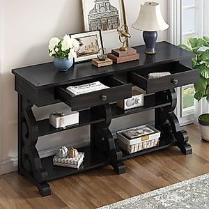 Retro Solid Wood Console Table with Ample Storage, Classic Sofa Table Sideboard Accent Entryway Table with 2 Drawers and Open Adjustable Shelves for Entrance Dinning Room Living Room (Antique Black)