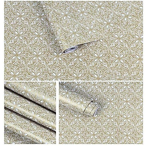 PoetryHome Vintage Champagne Vinyl Kitchen Drawer Liner Removable Waterproof Self Adhesive Wall Paper Shelf Liner for Bathroom Cabinets Dressser Refrigerator Walls 17.7x117 Inches