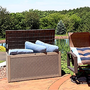 Sunnydaze 100-Gallon Faux Rattan Outdoor Deck Storage Box - Lockable Lid and Side Handles - Driftwood