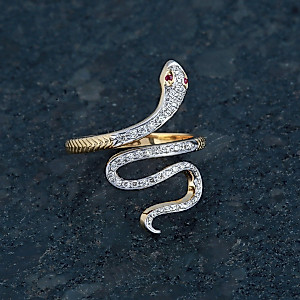 Shweta Creations Certified Handcrafted 14K Yellow Gold Crawling Snake With 0.25 Carat Natural Diamond (H I Color, Vs2 Si1 Clarity) And 0.02 Carat Real Ruby Eyes Designer Rings For Women