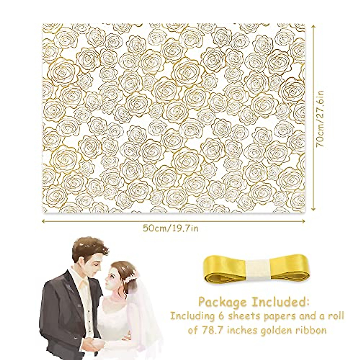 Gift Wrapping Paper, Golden Rose Pattern in White Art Paper with 1 Roll Gold Ribbon, for Weddings, Mother's Day, Birthdays, Baby Showers, Bridal Showers, Valentine's Day or Any Occasion(6 Sheets)