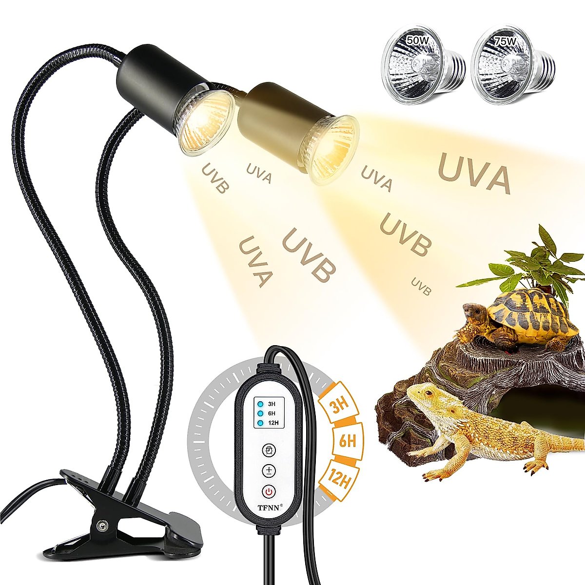 TFNN Reptile Heat Lamp, Double-Head Heat Lamp with Clamp, UVA UVB Reptile Light with Intelligent Cycle Timer for Turtle, Bearded Dragon, Lizard and More, 2 Bulbs 50W+75W