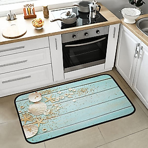Beach Kitchen Mat, Sea Ocean Seashell Starfish Kitchen Rug Anti Fatigue Memory Foam Floor Mat Non-Slip Cushioned Absorbent Kitchen Runner for Bathroom Entryway Hallway Farmhouse Dining Room 39x20 in