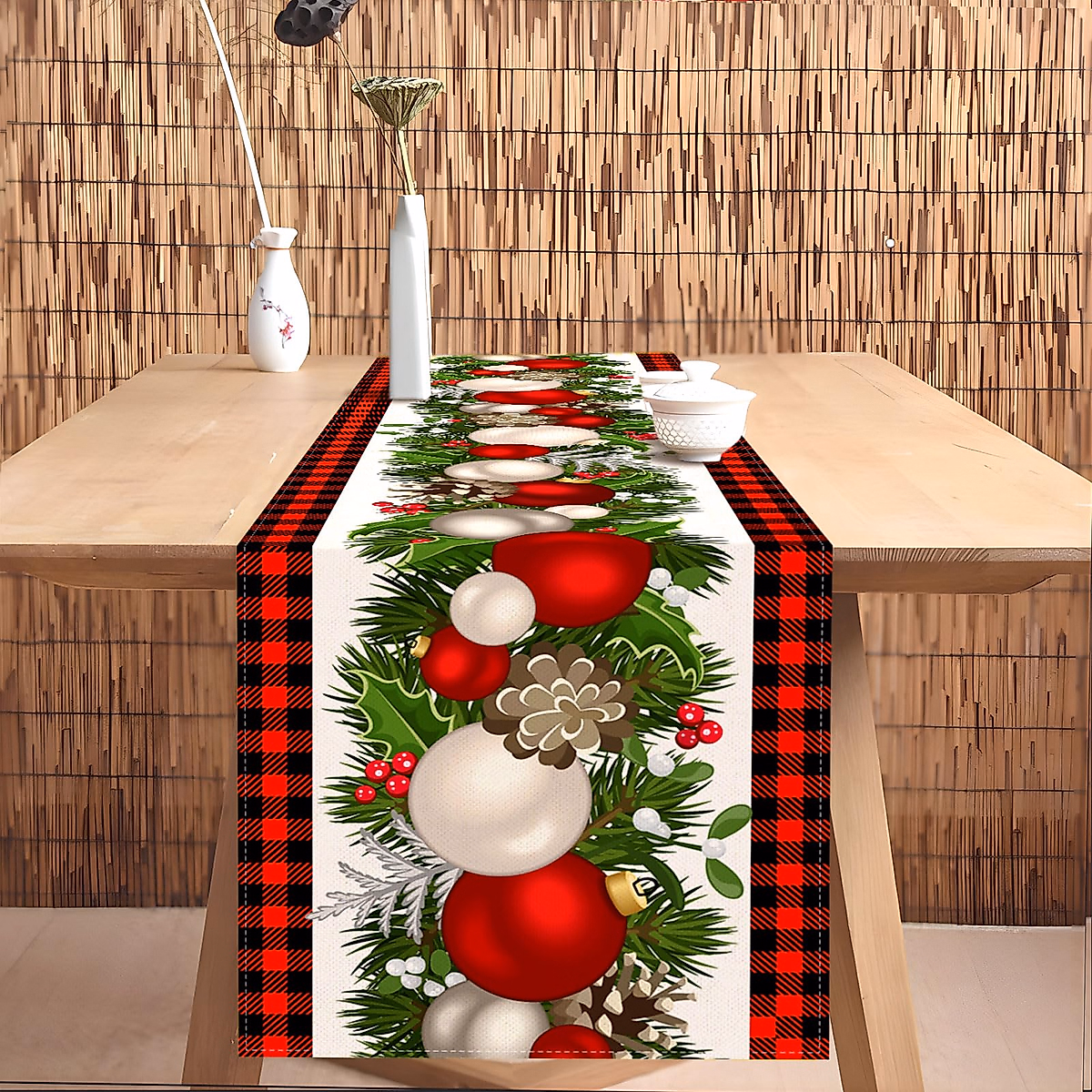 Nepnuser Black and Red Buffalo Check Plaid Christmas Table Runner 72 Inches Long Seasonal Winter Xmas Party Decoration Holiday Home Kitchen Dining Room Decor