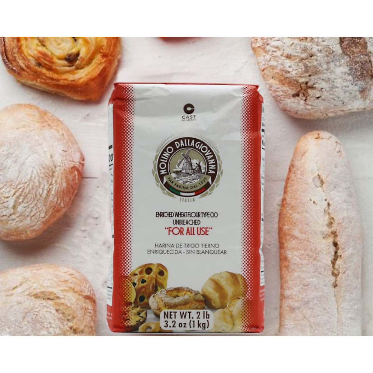Molino DallaGiovanna Italian Enriched Unbleached All Purpose 00 Flour All Purpose, All Use high protein for Bread, Pastries, Pizza dough 1 Kilo Size (2 pack) 4.4 lbs