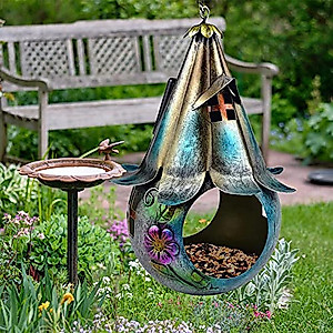 Solar Wild Bird Feeder, Wrought Iron Garden Hanging Ornament Birdhouse, Bird Feeder for Outdoors Hanging Solar Garden Lantern Bird House with S Hook as Gift Ideas for Bird Lovers (A)