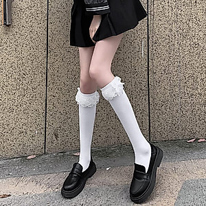 CAT KO Women Soft Knee High Socks Lovely & Cute Solid color Lace Ruffle Girls socks for Lolita ONLY TRUE SOLD (WHITE)